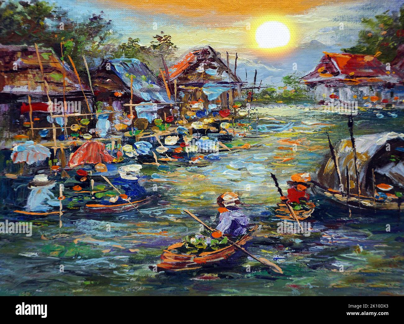 Art painting Oil color Floating market Thailand , rural life , rural ...