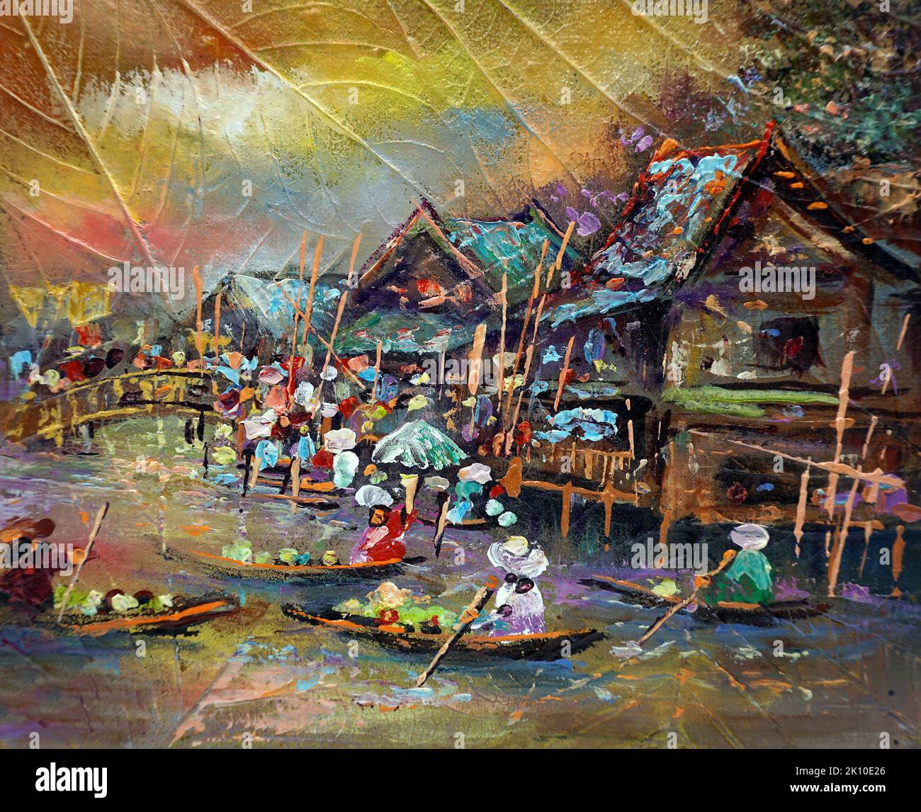 Art painting Oil color Floating market Thailand , rural life , rural ...