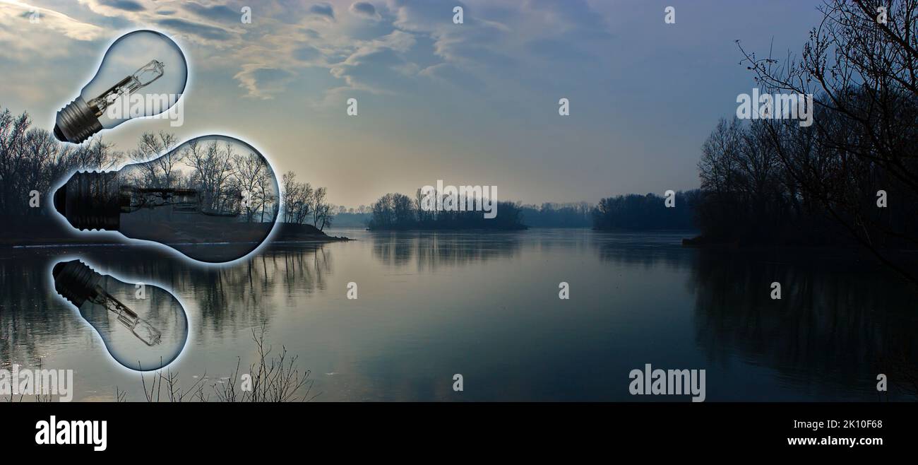hydropower themed illustration. Blue color with a lake in the ...