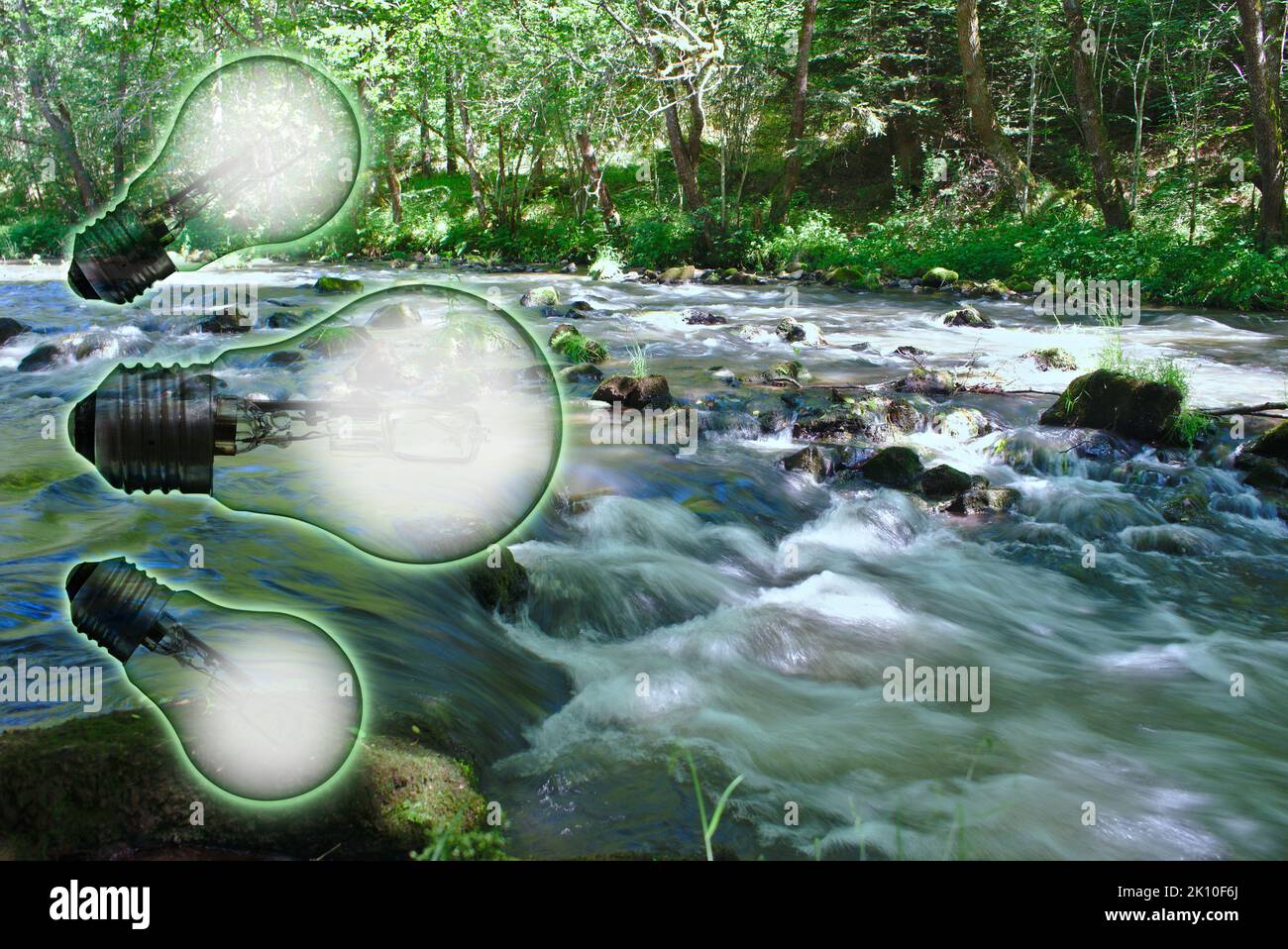 hydropower themed illustration. Green color with a river in the ...