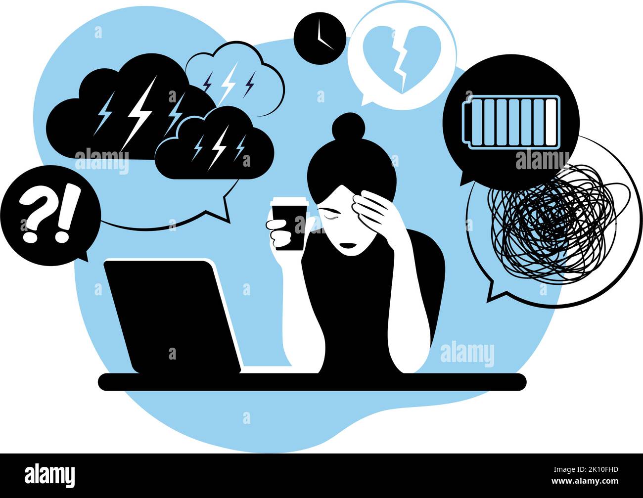 Woman in depression with bewildered thoughts in her mind. Young sad ...