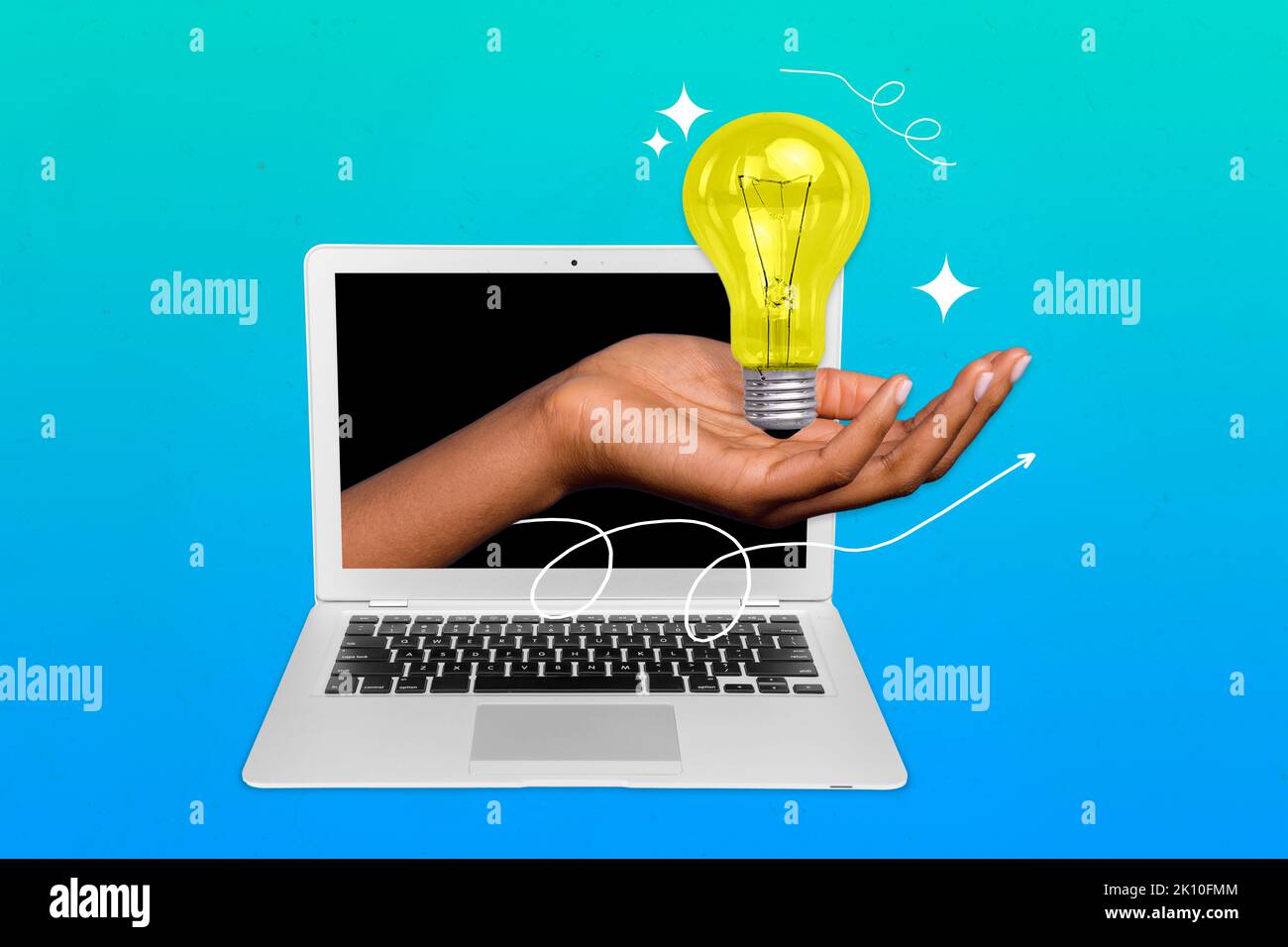 Creative trend collage of computer modern technology hand holding ...