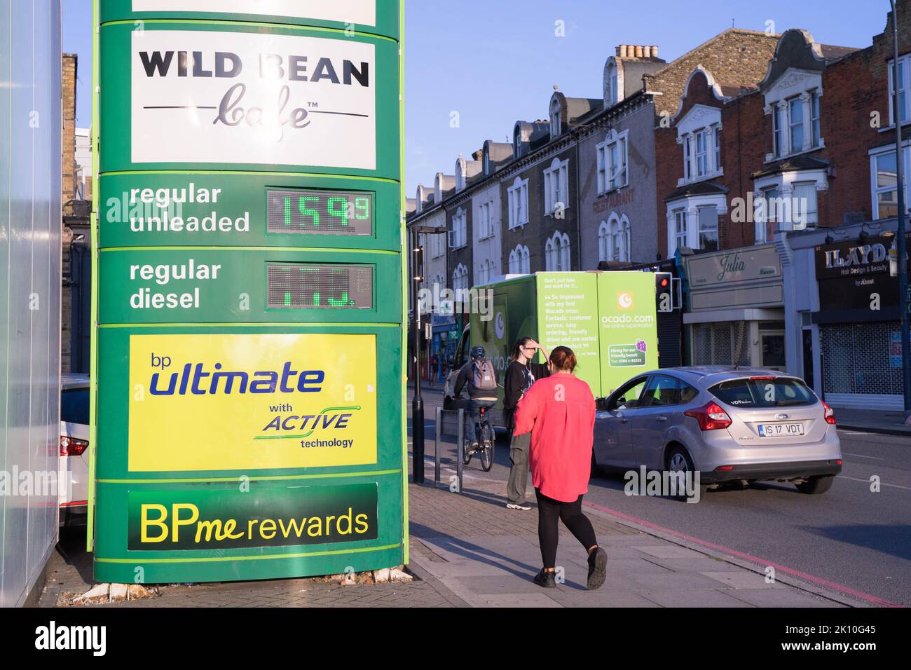 London UK, 14th September 2022. Prices at BP petrol pump are now at 159 ...