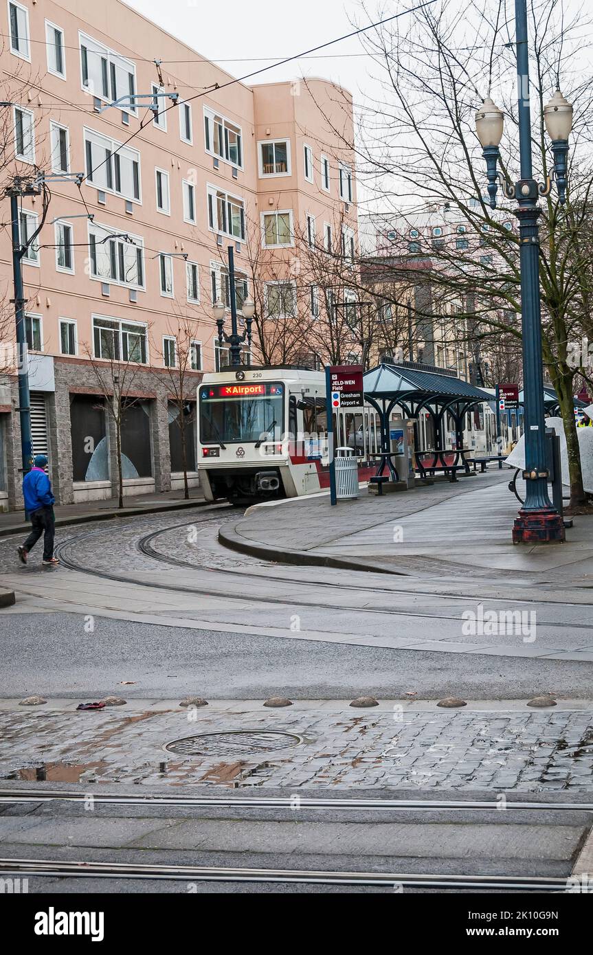 Tri-Met Max train on SW Morrison in Portland, Oregon Stock Photo - Alamy