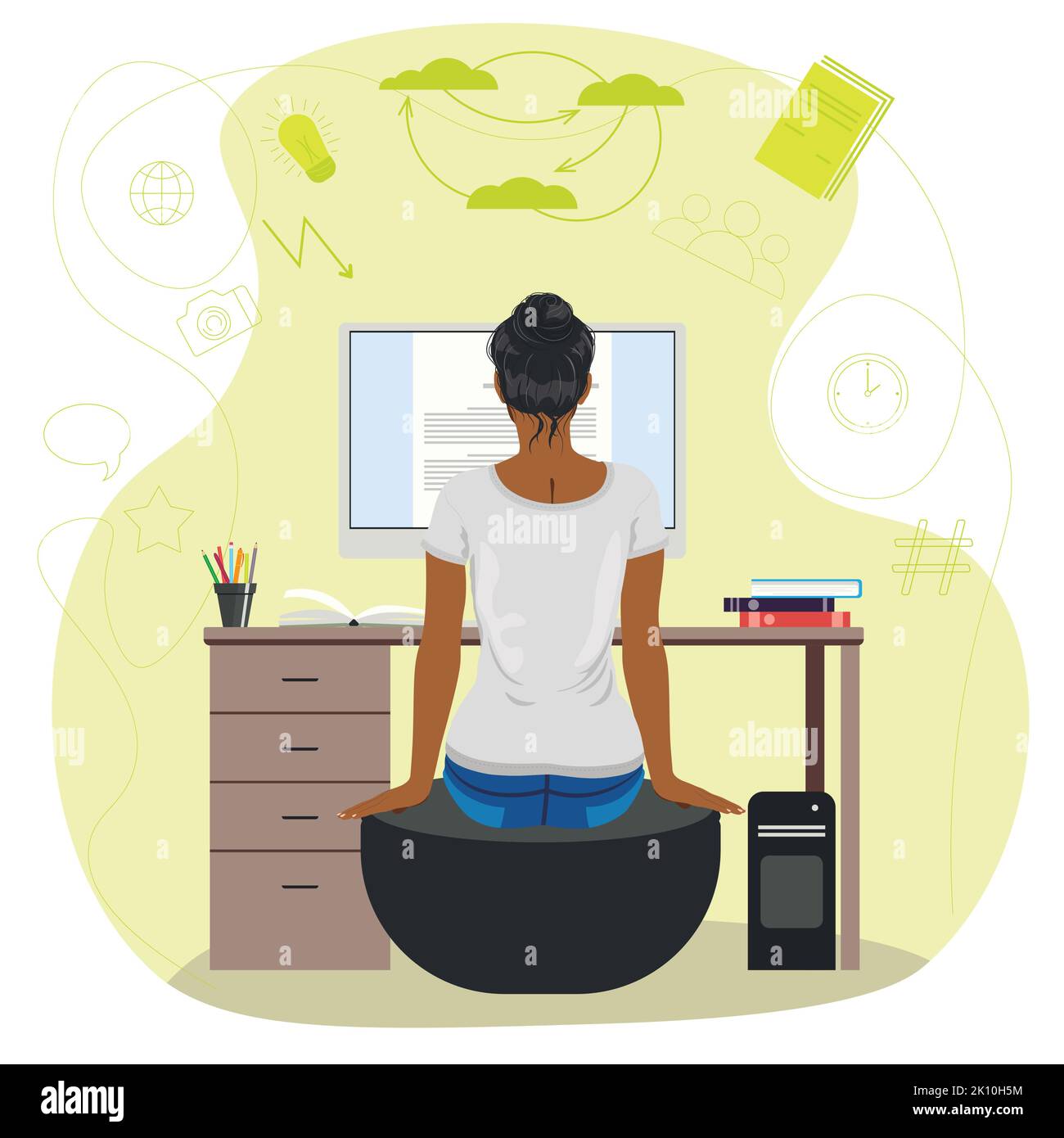 Back view of sitting woman in casual jeans and gray t shirt reading on ...