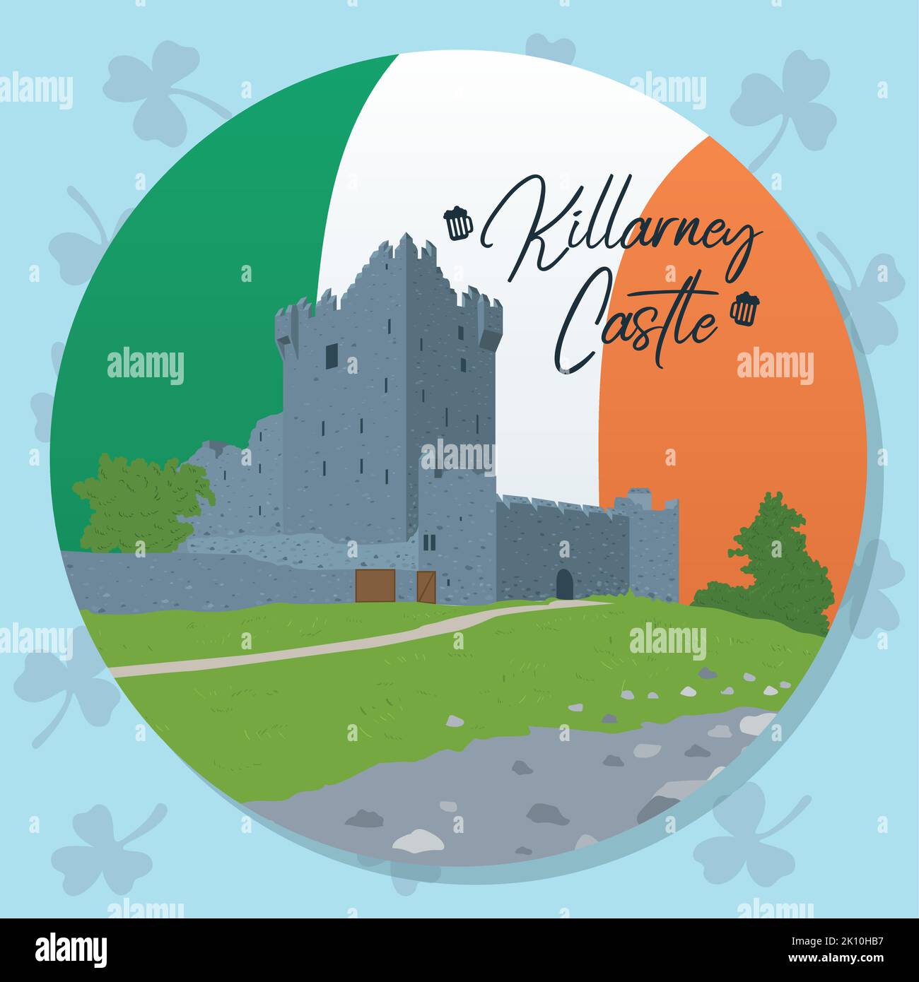 Colored irish sticker with killarney castle landmark Vector Stock ...