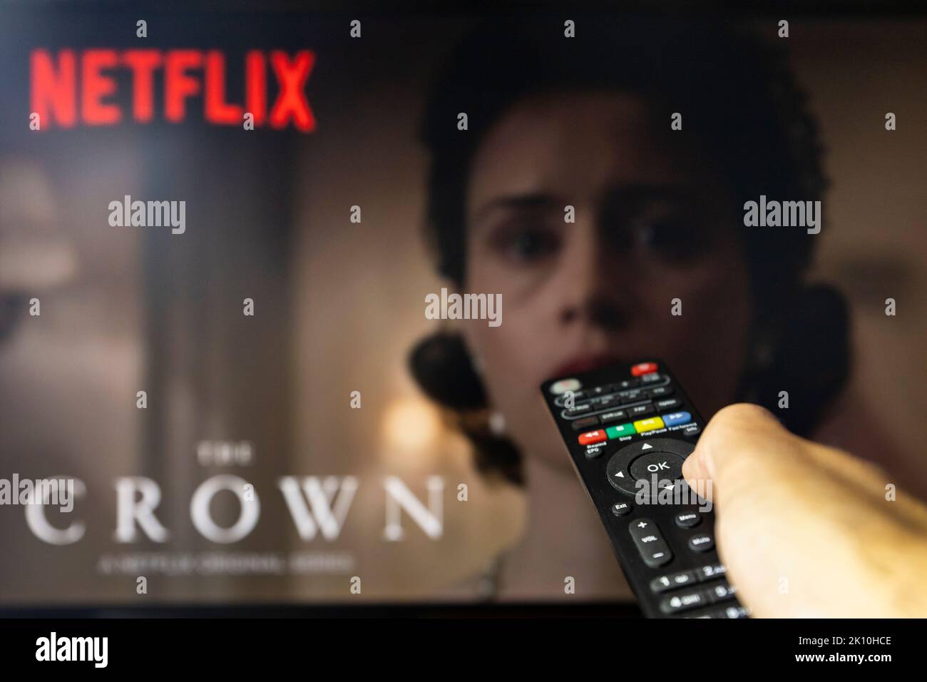 Belgrade, Serbia - September 12, 2022: Watching TV Show The Crown on ...