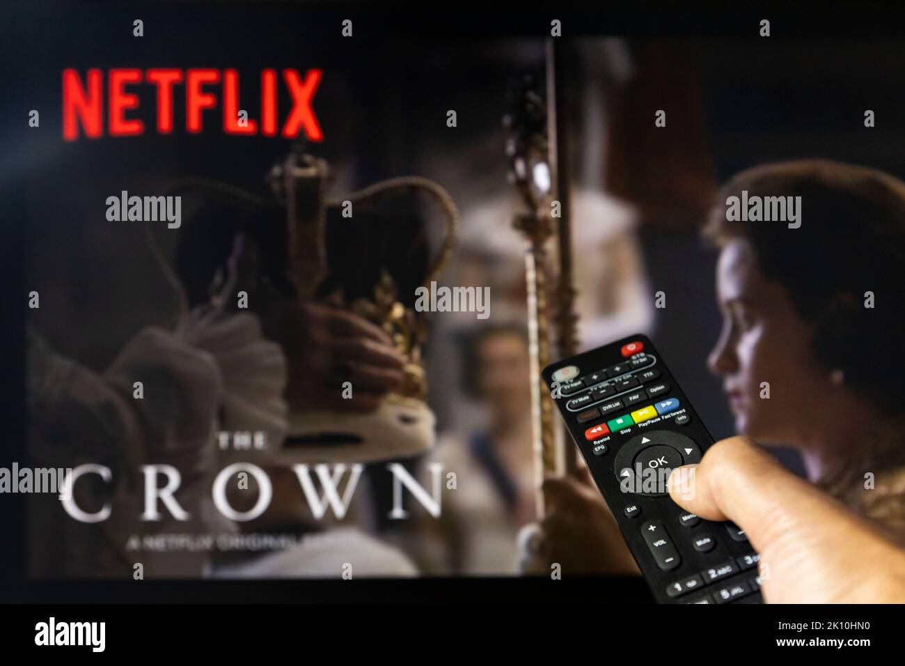 Belgrade, Serbia - September 12, 2022: Watching TV Show The Crown on ...