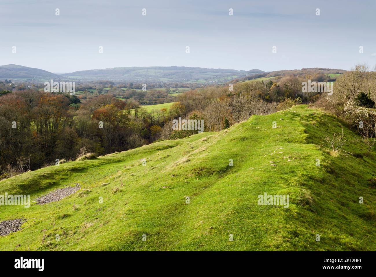 The defensive ramparts of the hill fort at Dolebury Warren in the ...