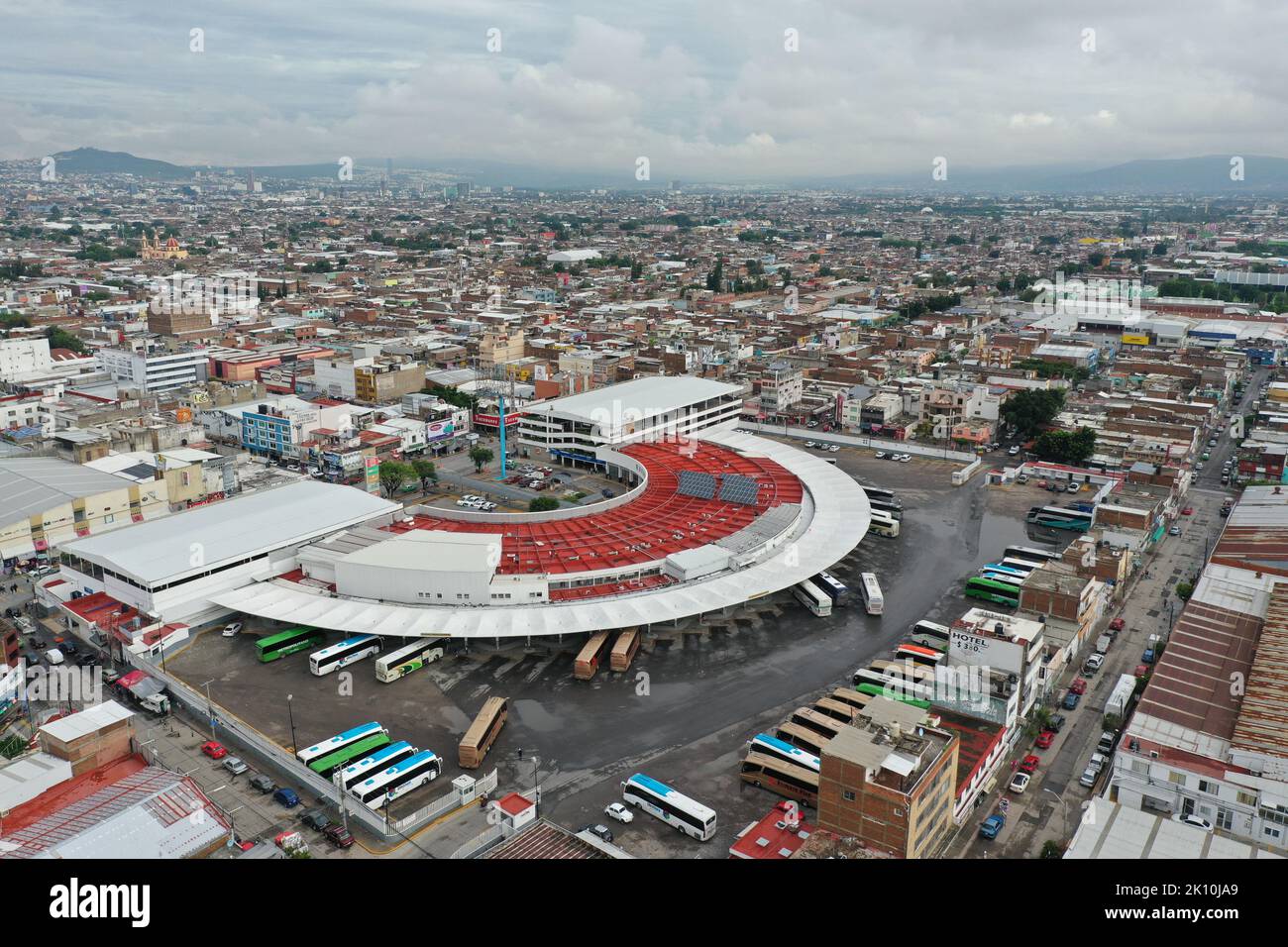 bus station and aerial view of the city of León in the state of ...