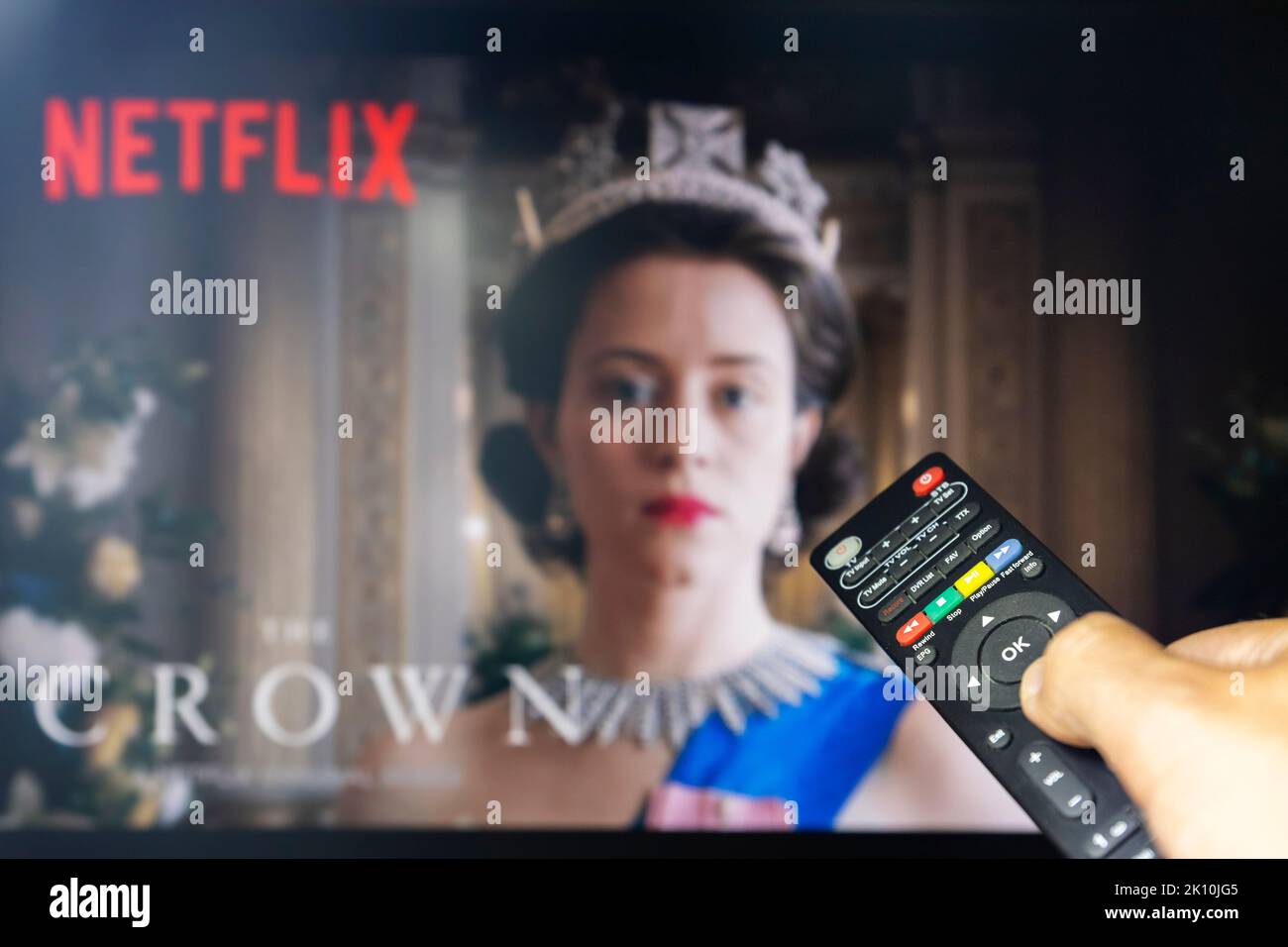 Belgrade, Serbia - September 12, 2022: Watching TV Show The Crown on ...