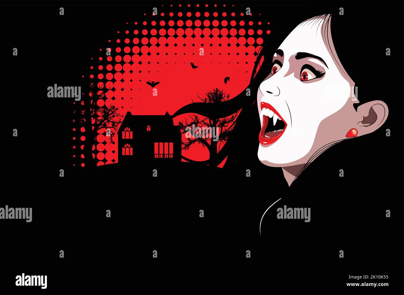 Portrait of a vampire woman with red eyes and lips, black hair and ...