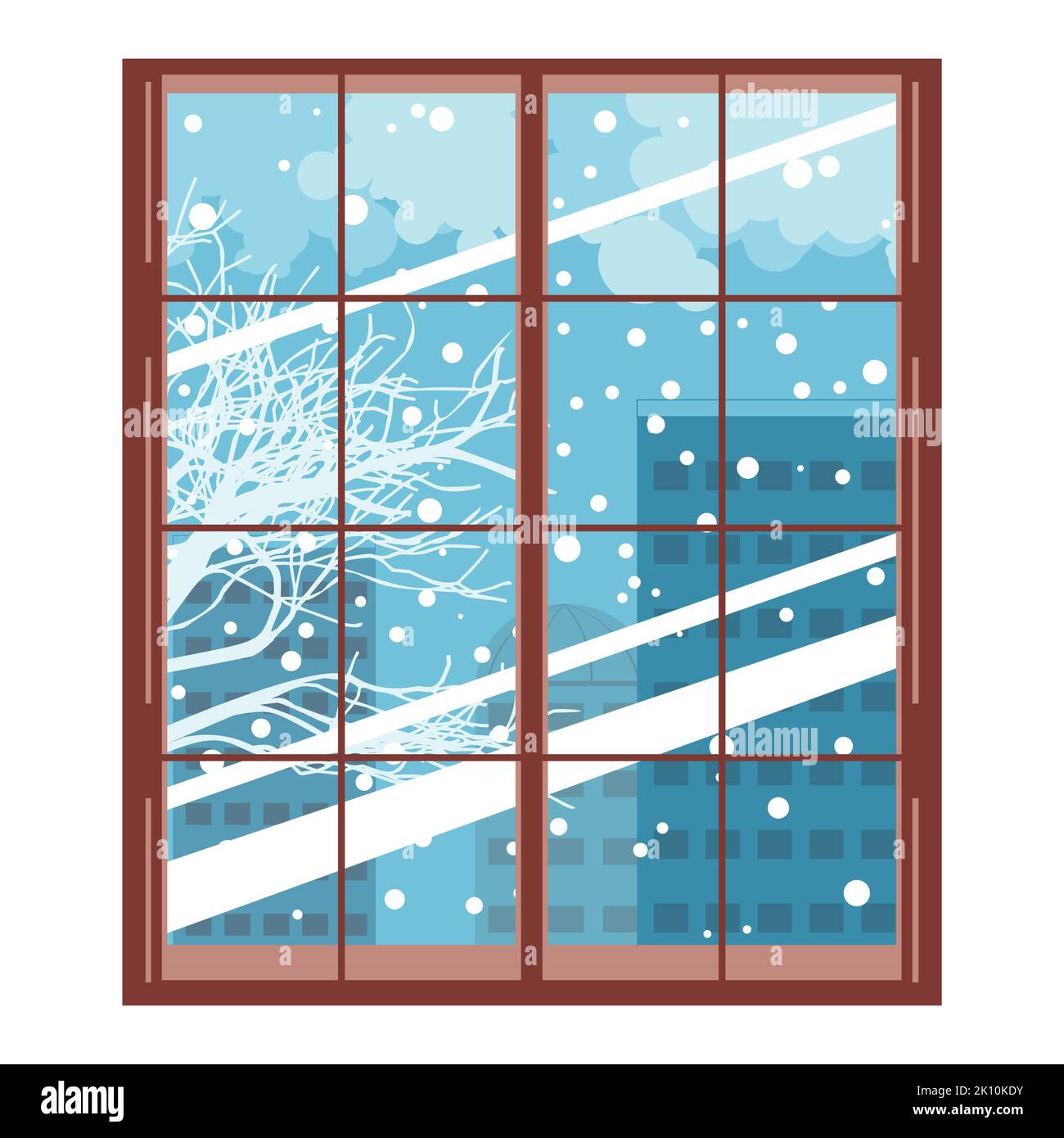 Leafless tree and buildings behind the window, snowy winter day ...