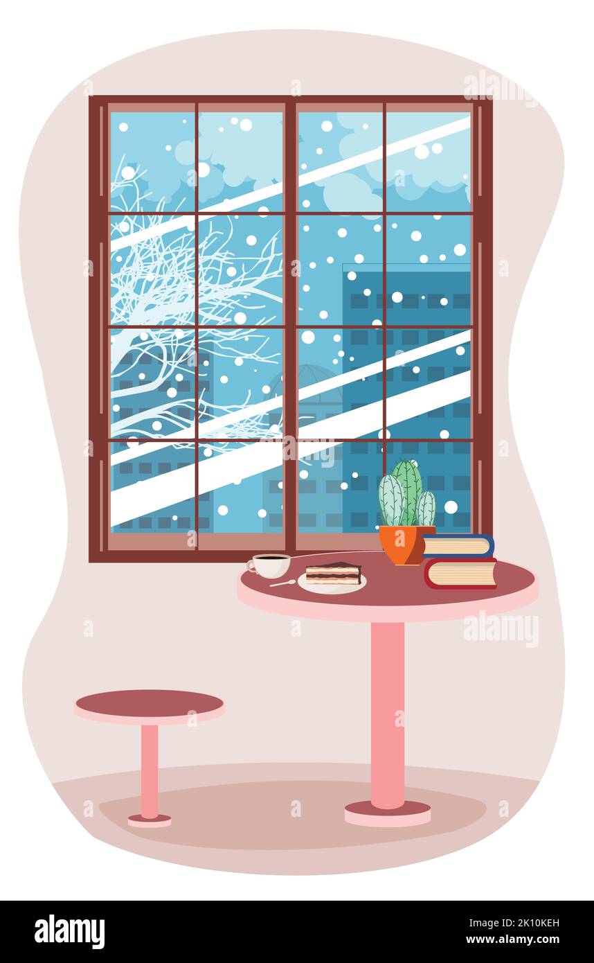 Leafless tree and buildings behind the window, snowy winter day ...