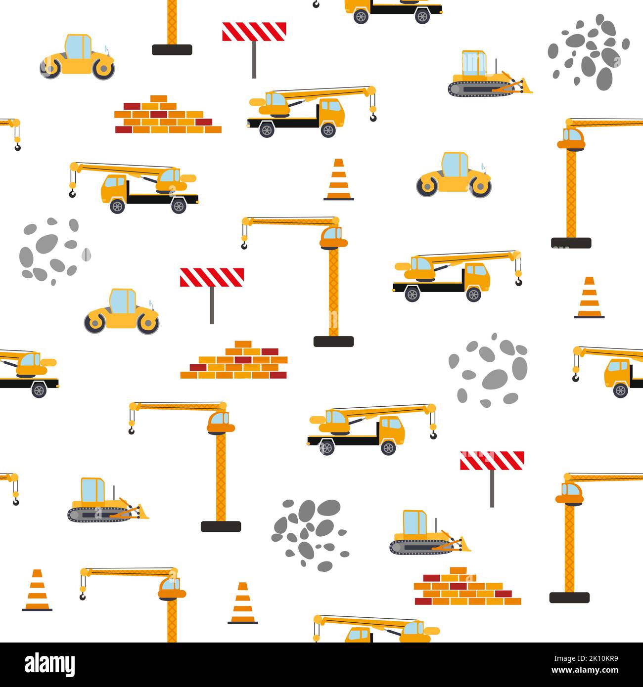 Cute childish seamless pattern with yellow car dump truck, crane ...
