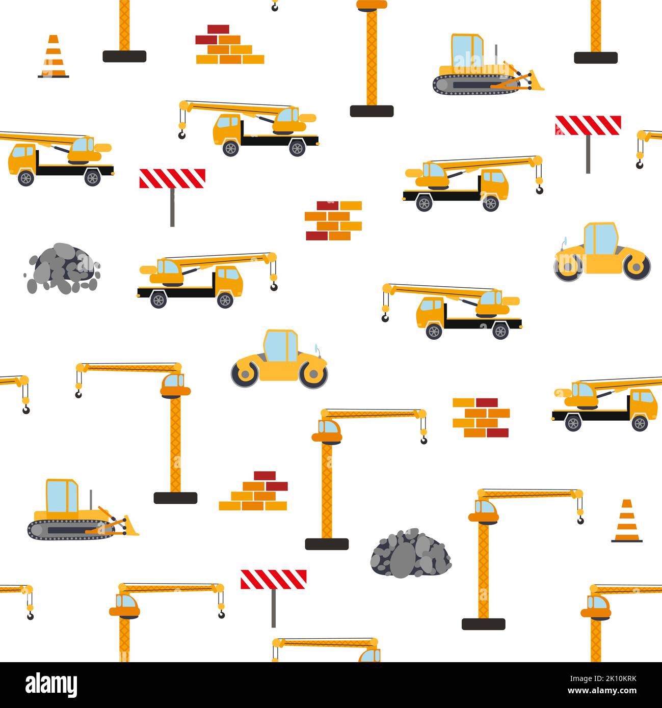 Cute childish seamless pattern with yellow car dump truck, crane ...