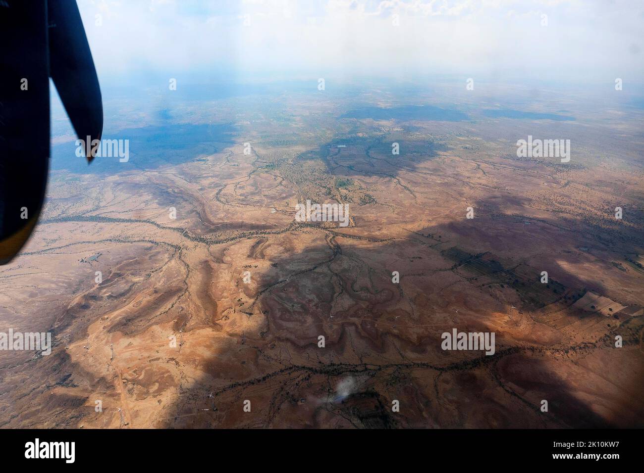 View of Thar desert from an aeroplane, Rajasthan, India. The propellers ...