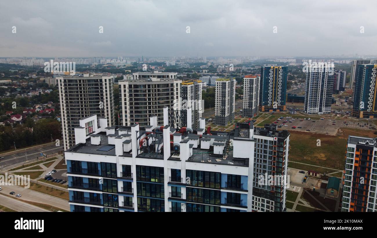 Construction site of a new city block. Construction of multi-storey ...
