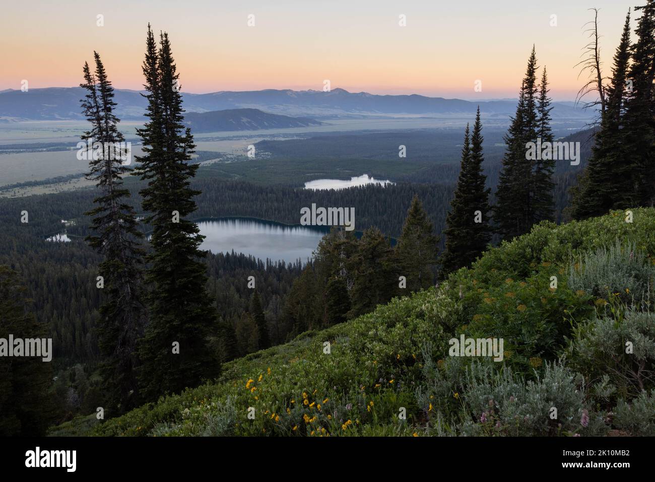 Bradley and Taggart Lakes lying far below the Amphitheater Lake Trail ...