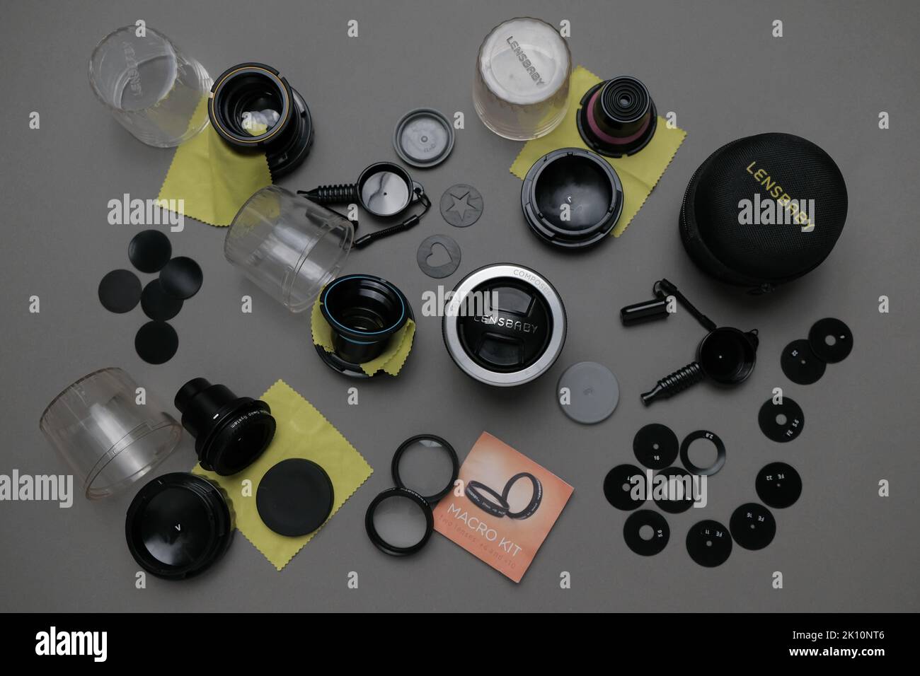 Flatlay of Lensbaby set on gray background with professional lighting ...
