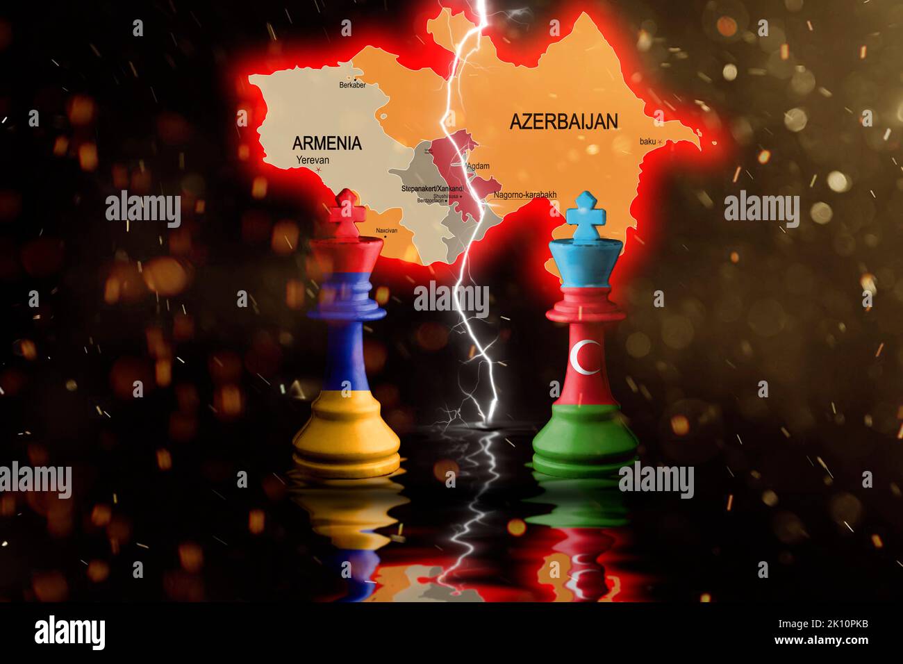 armenia and azerbaijan flags paint over on chess king. 3D illustration ...