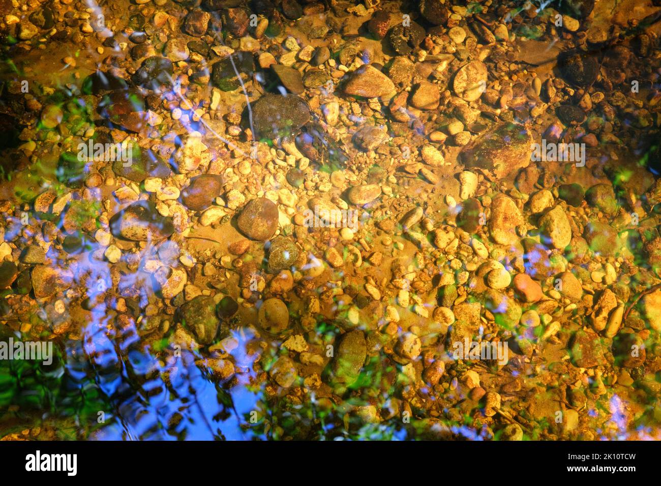 Reflections in water flow and river pebbles in close-up, Kemeri ...