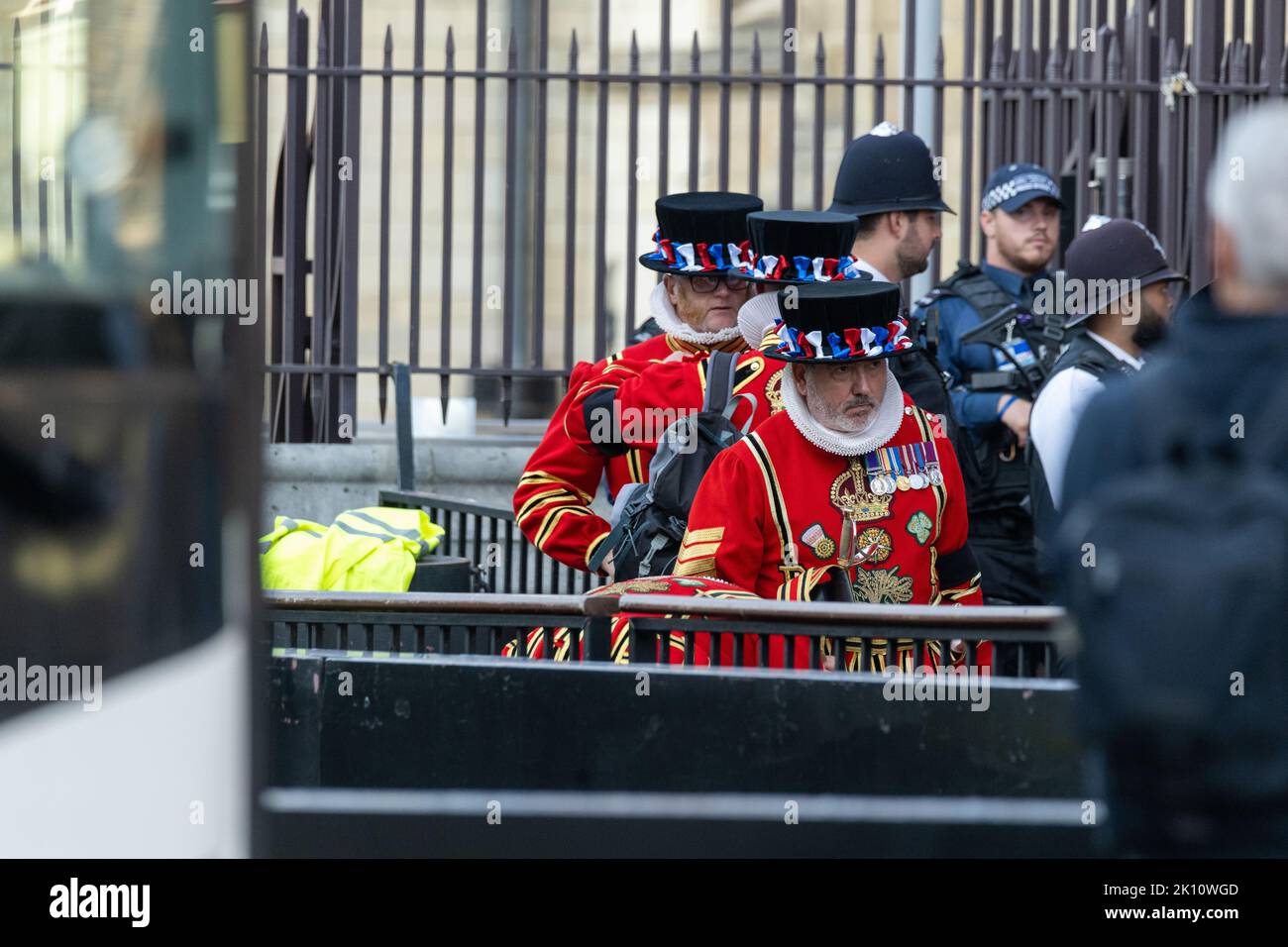 London, UK. 14th Sep, 2022. Yeoman Warders (Beefeaters) arrive at the ...
