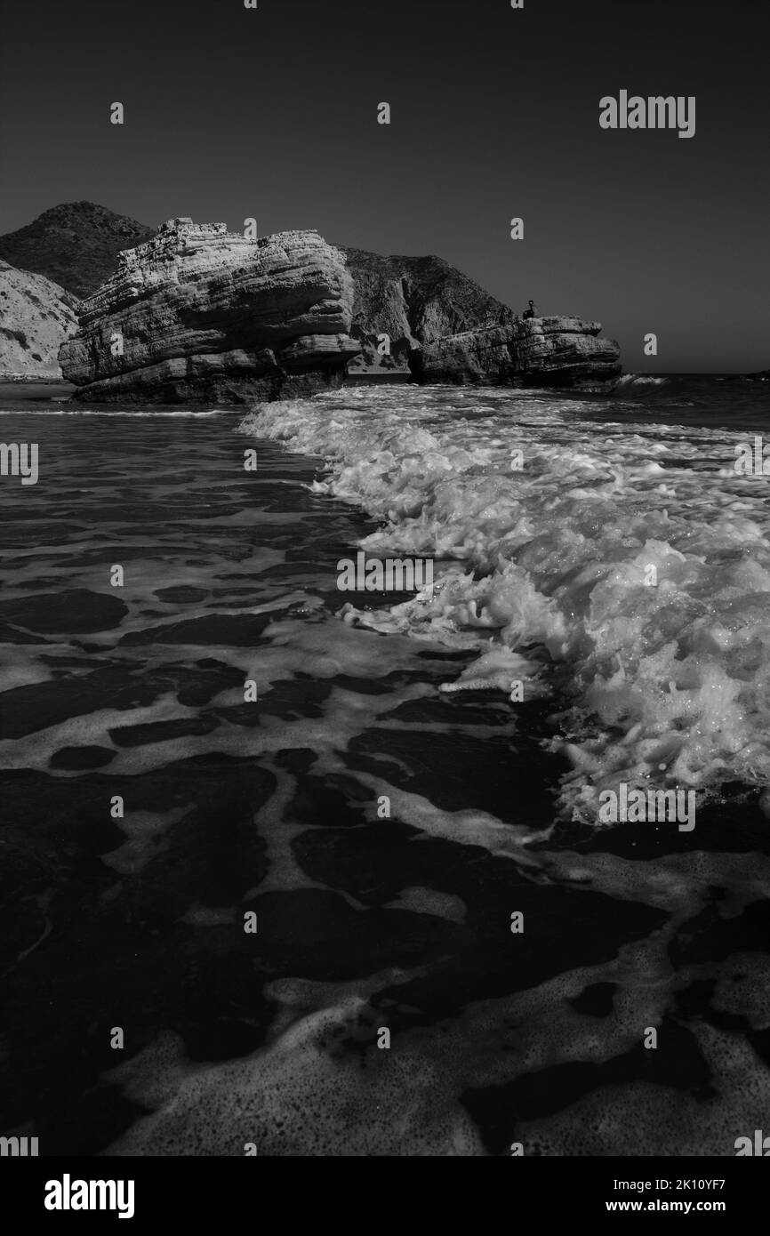 rough sea black and white at the paradise beach of the island of kos ...