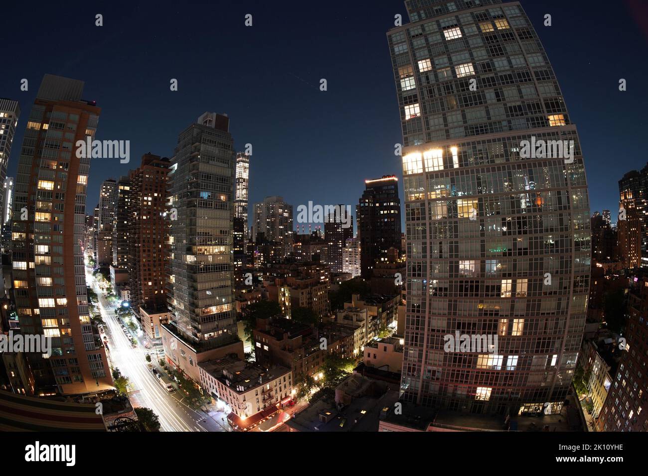 Manhattan new york city night aerial cityscape from terrace rooftop ...