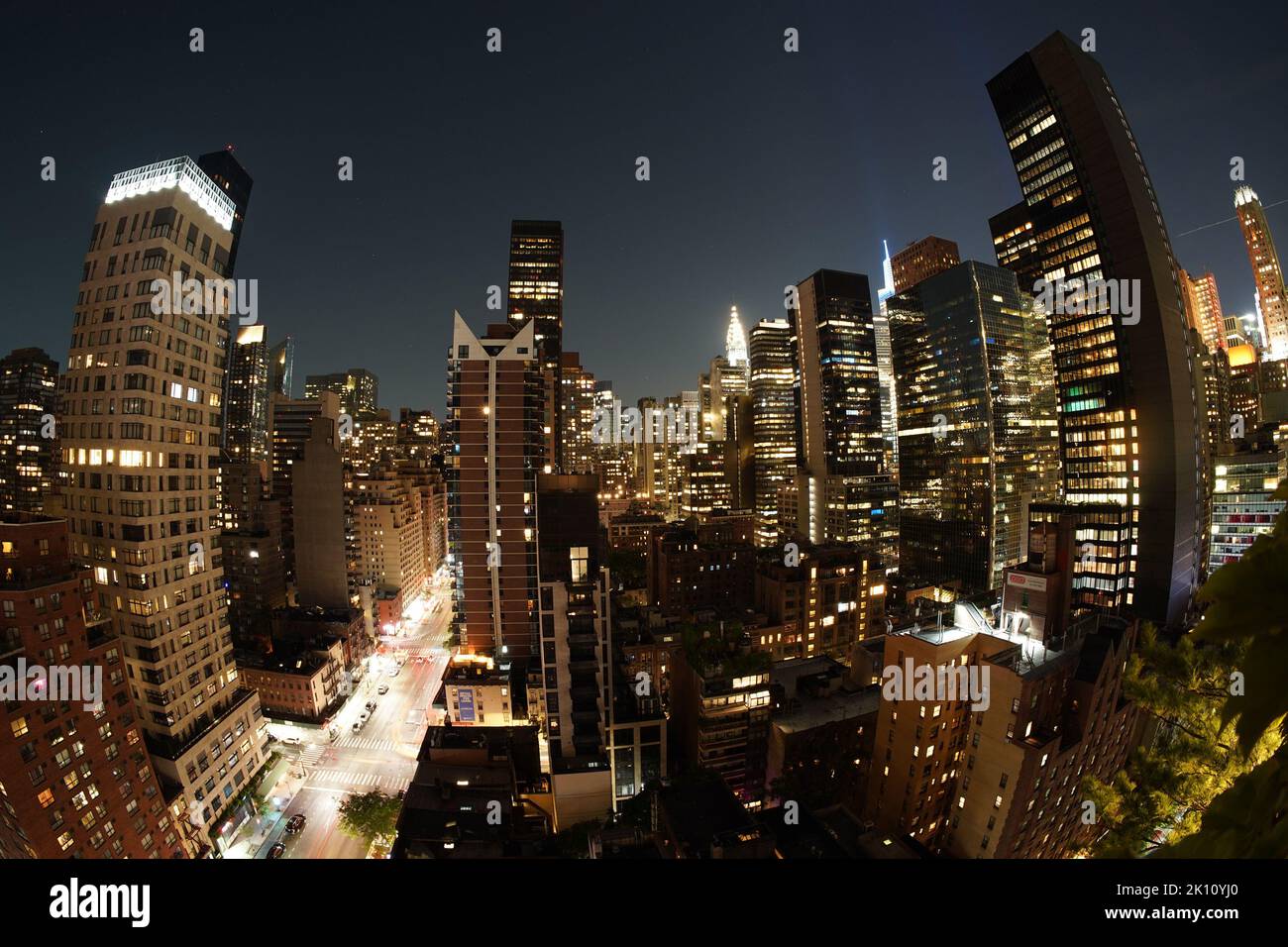 Manhattan new york city night aerial cityscape from terrace rooftop ...