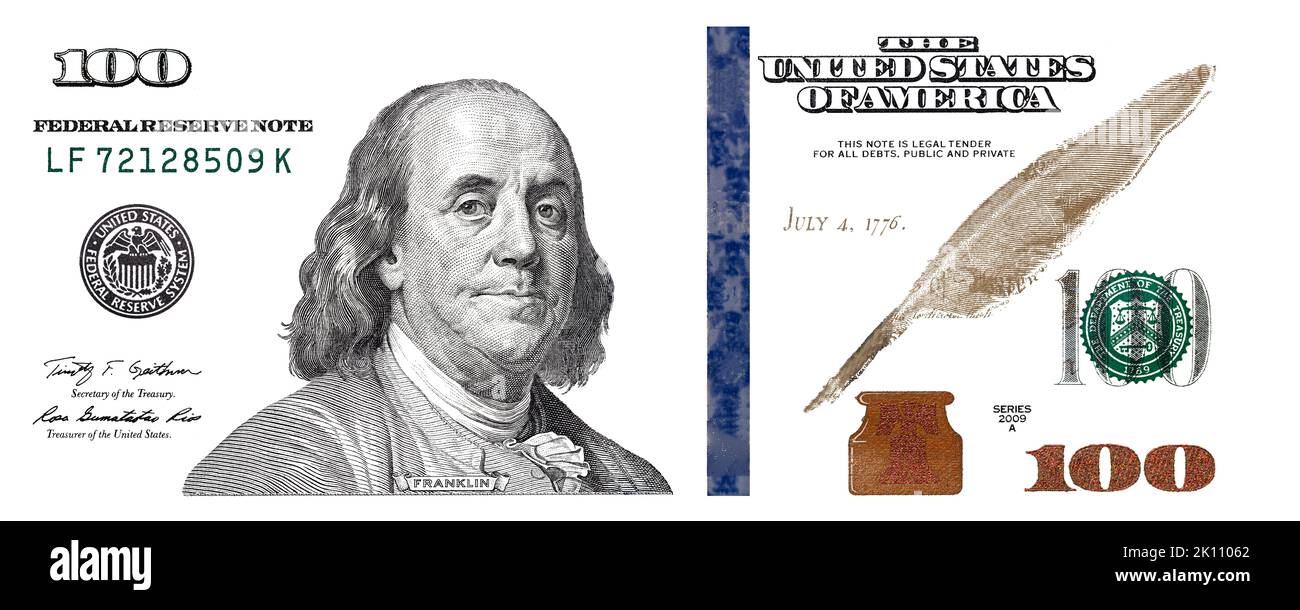 U.S. 100 dollar banknote. Elements for design purpose on transparent ...