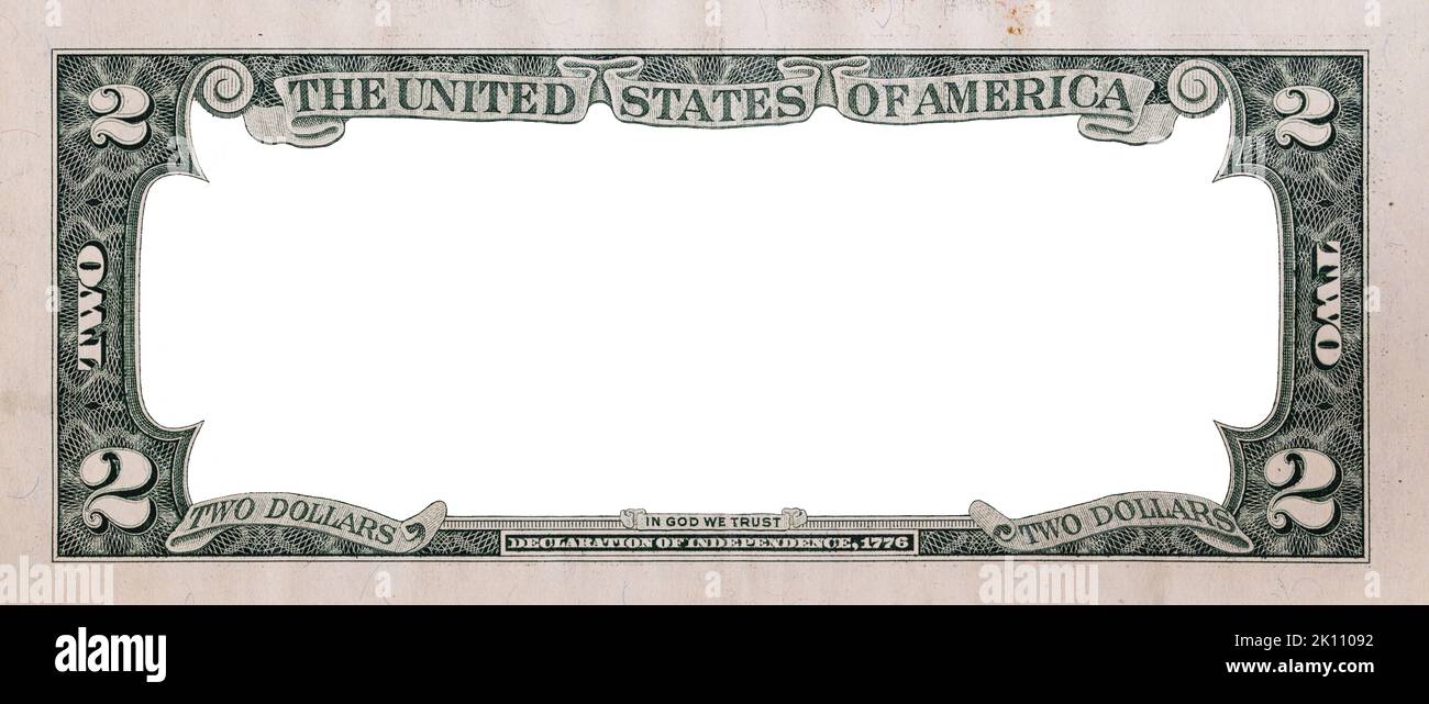 Reverse of 2 US dollar banknote with empty transparent middle area for ...