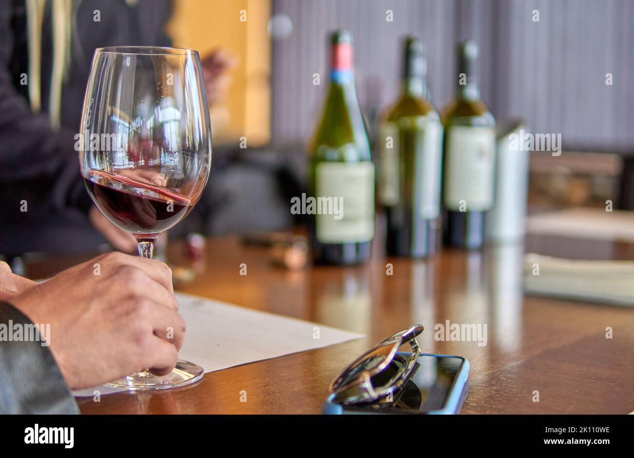 Wine tasting in mendoza, Argentina. Man's hand holding a glass of red ...