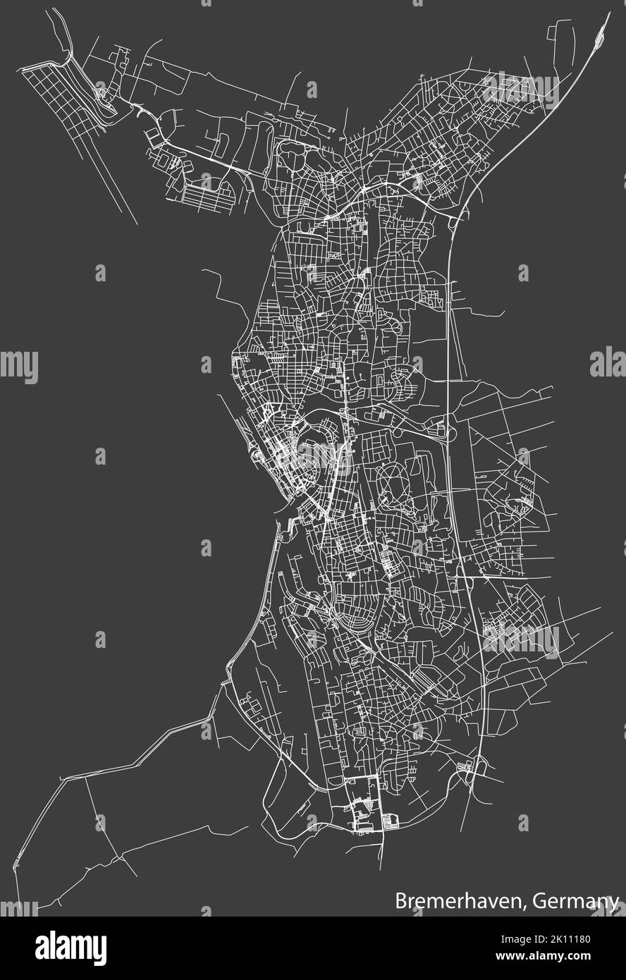 Detailed negative navigation white lines urban street roads map of the ...