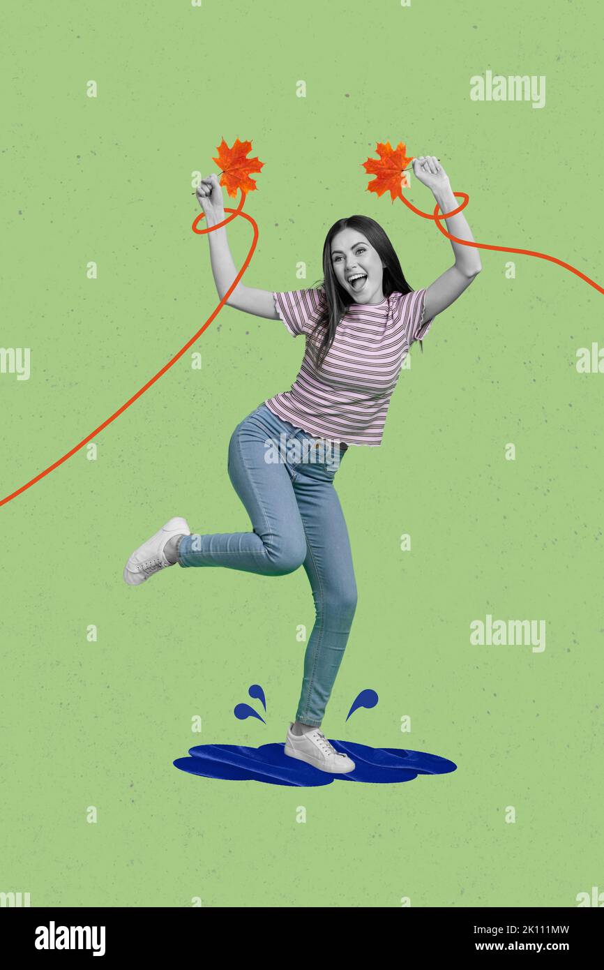 Vertical Collage Picture Of Cheerful Positive Girl Black White Colors
