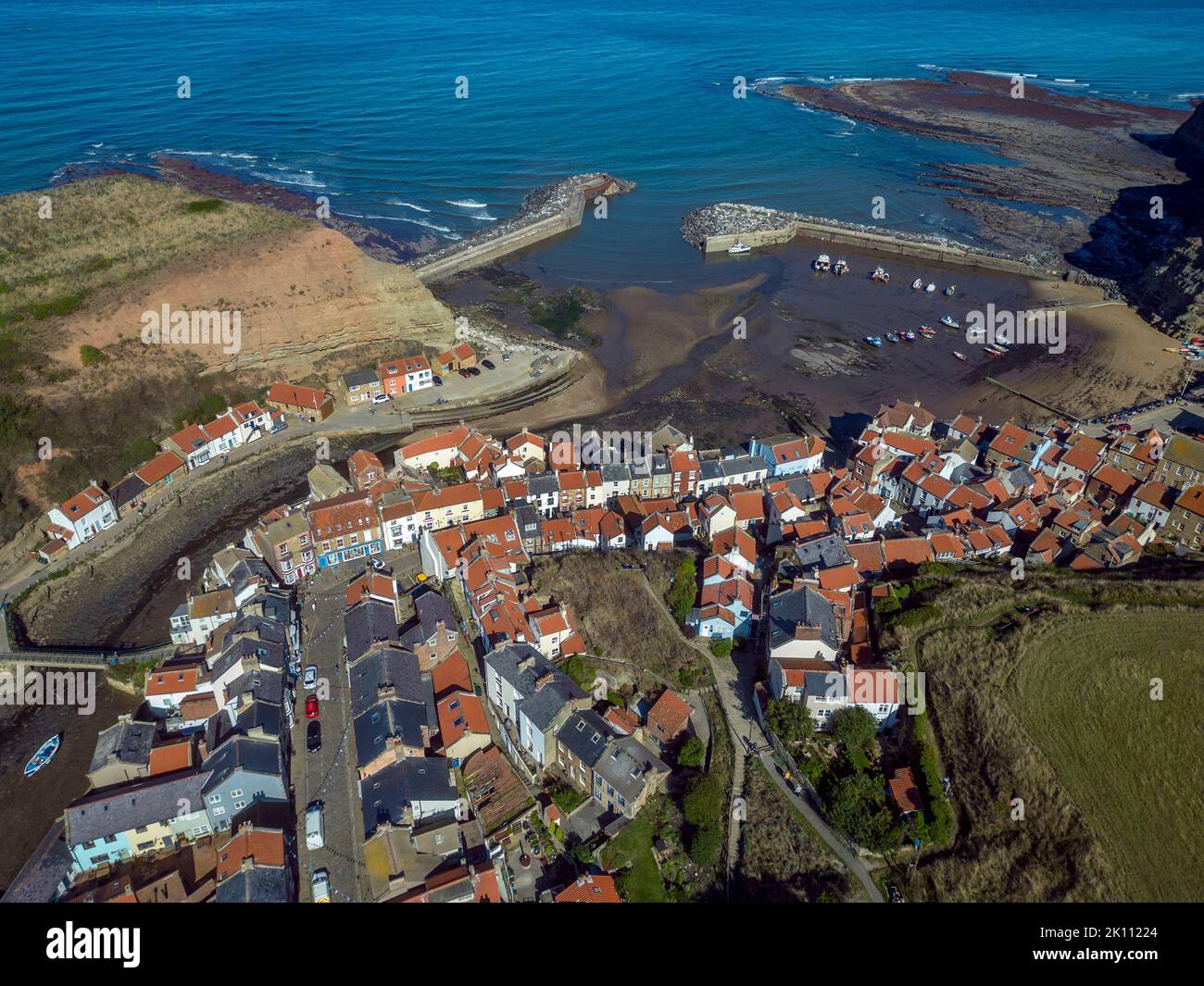 Aerial view of the village of Staithes on the North Yorkshire coast in ...