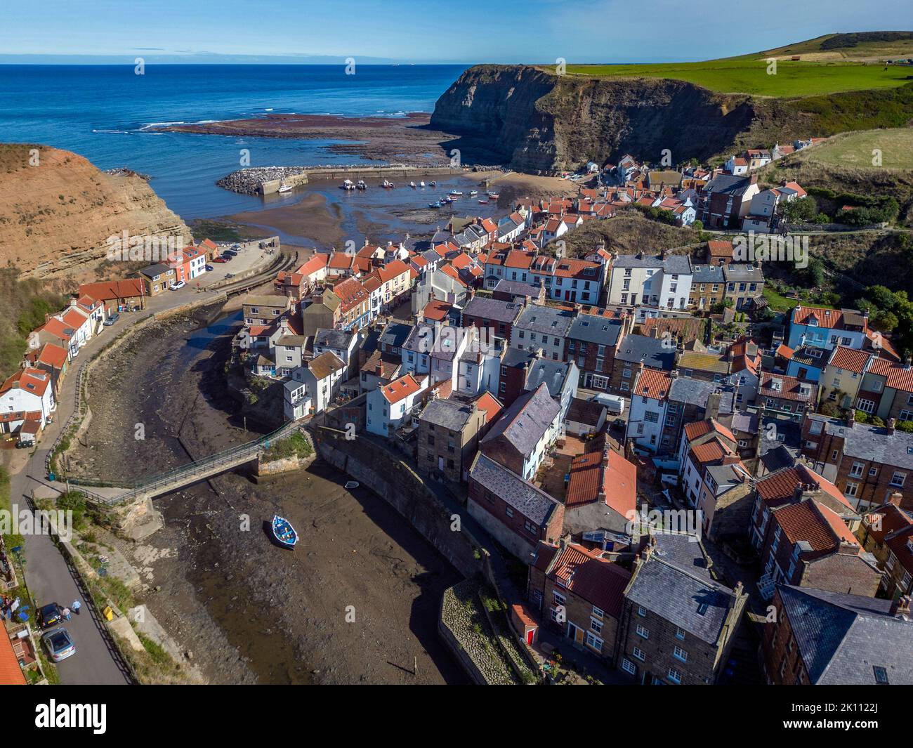 Aerial view of the village of Staithes on the North Yorkshire coast in ...