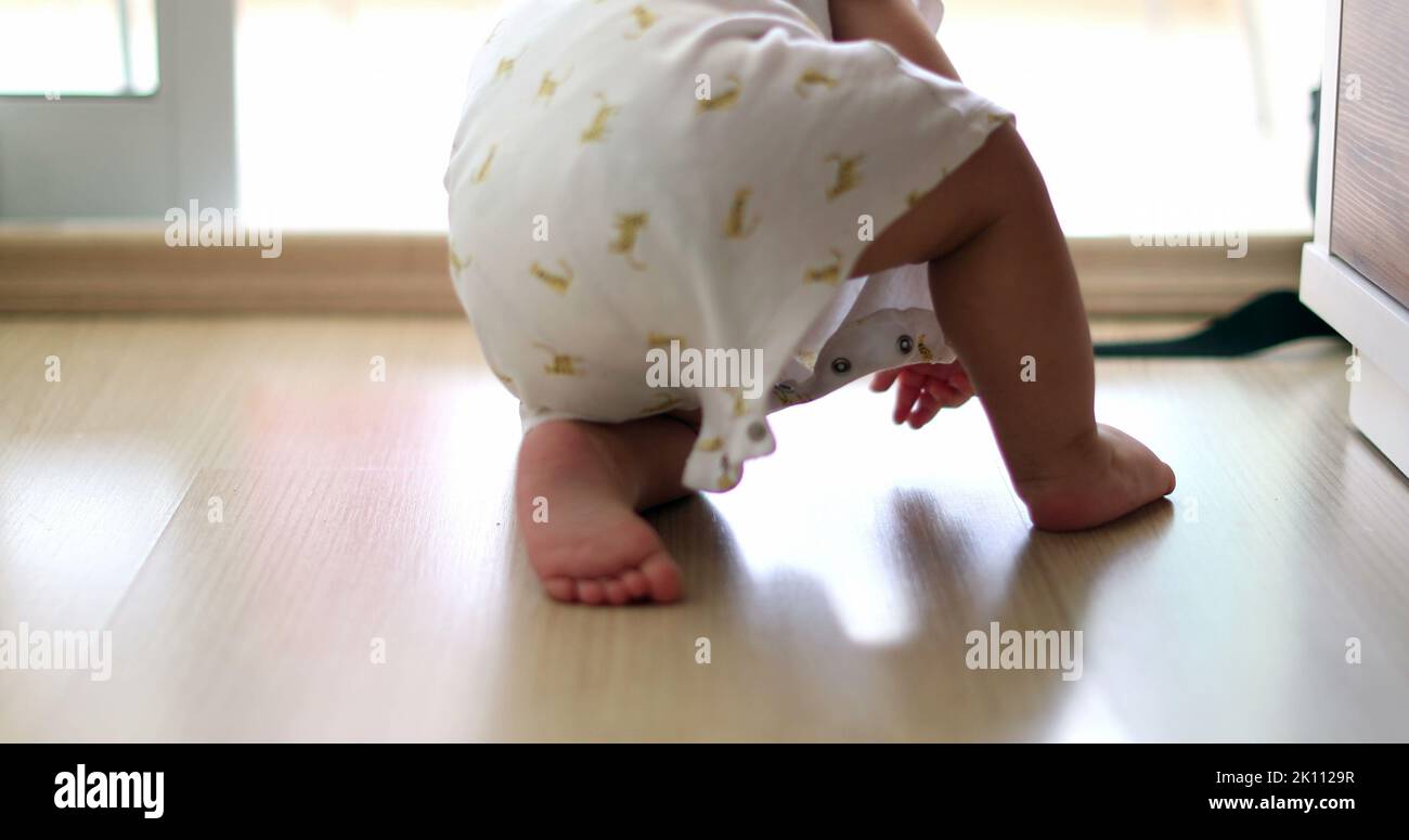 Baby infant child development crawling on hardwood floor at home Stock ...
