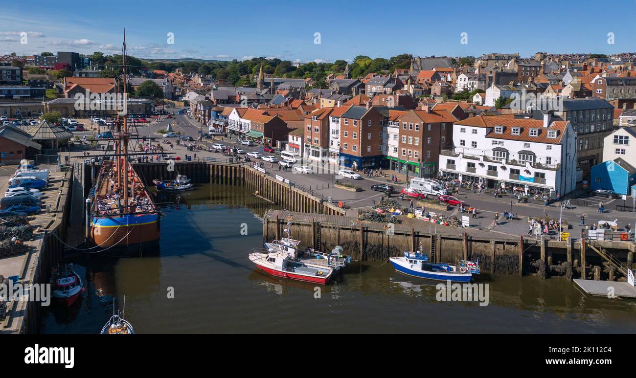 Aerial view of Whitby harbor on the North Yorkshire coast in the United ...