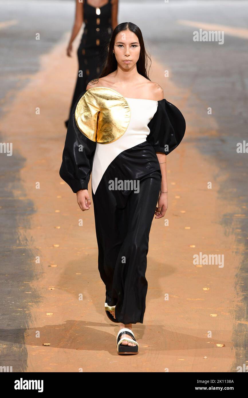Model Quannah Chasinghorse walks on the runway at the Gabriela Hearst ...