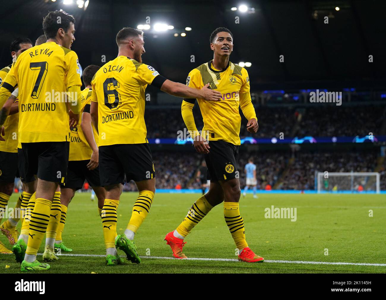 Borussia Dortmund's Jude Bellingham (right) celebrates scoring their ...
