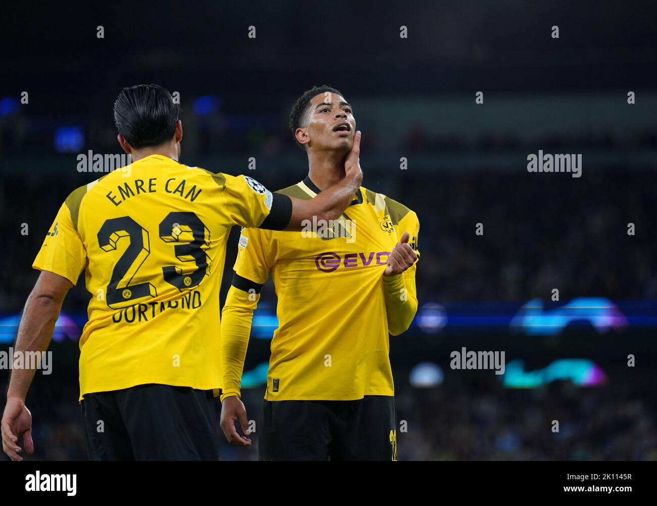Borussia Dortmund's Jude Bellingham (right) celebrates scoring their ...