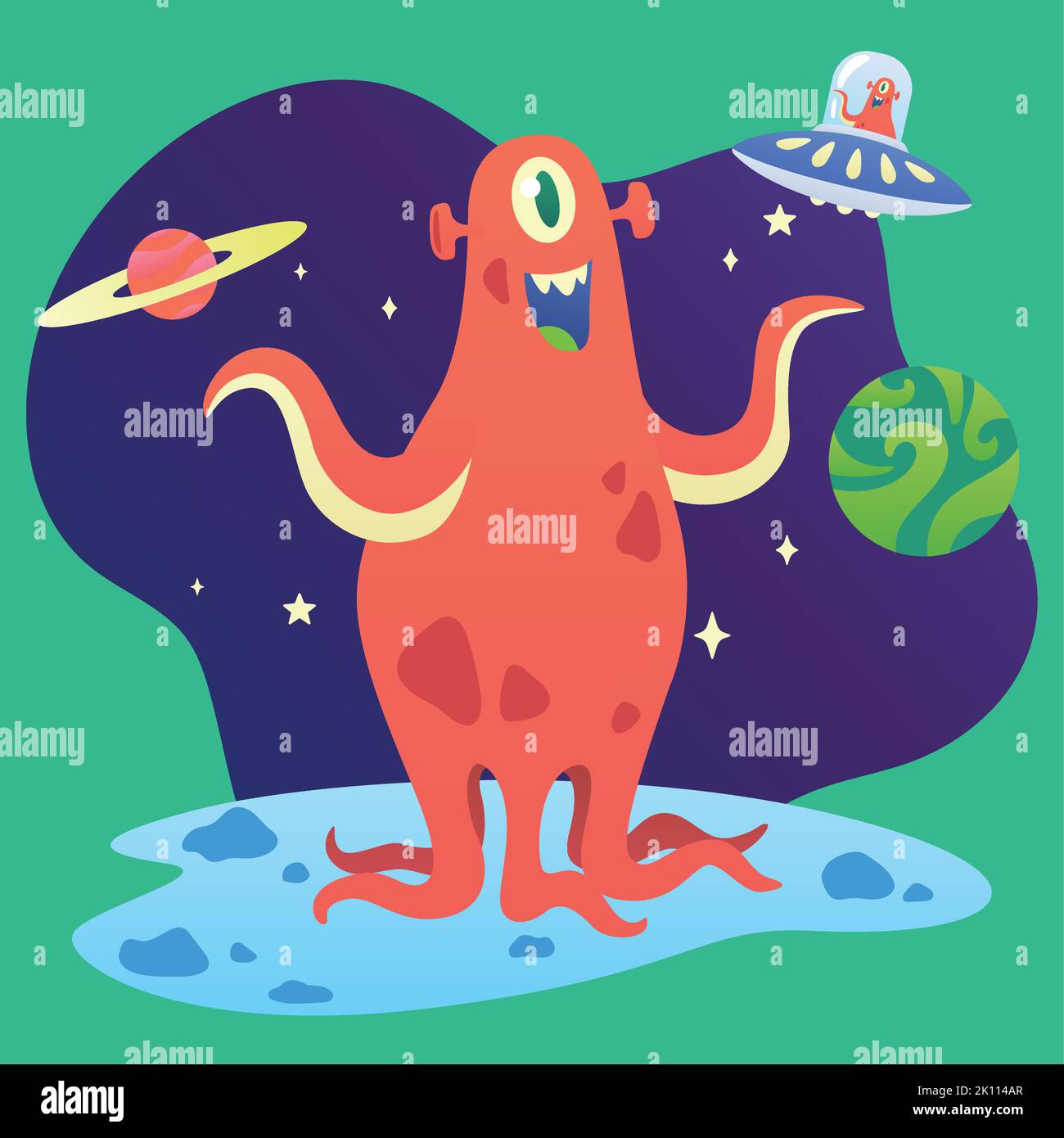 Cute red alien character with tentacles standing on a planet Vector ...