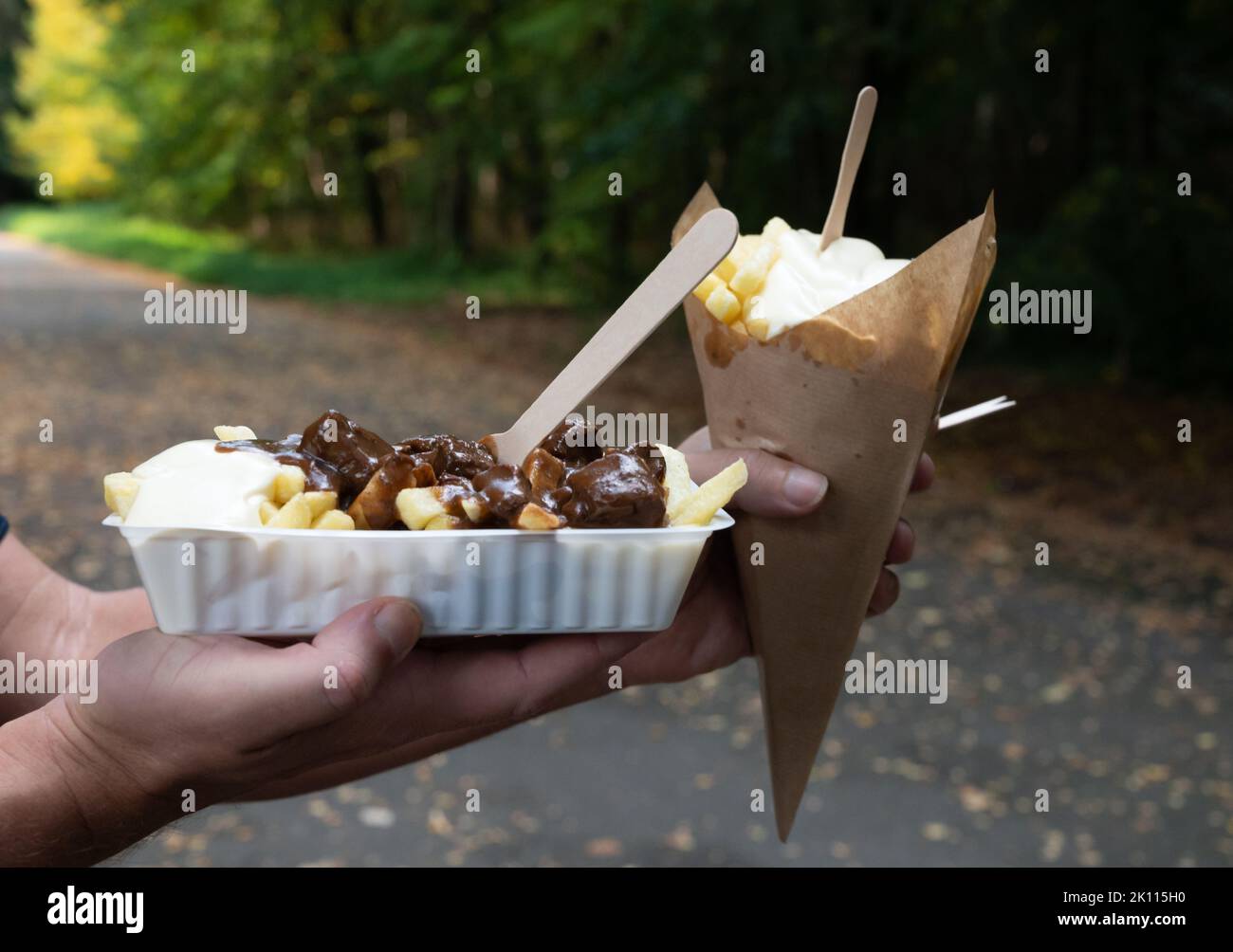 Traditional fast and street food in Belgium, French fried potatoes with ...