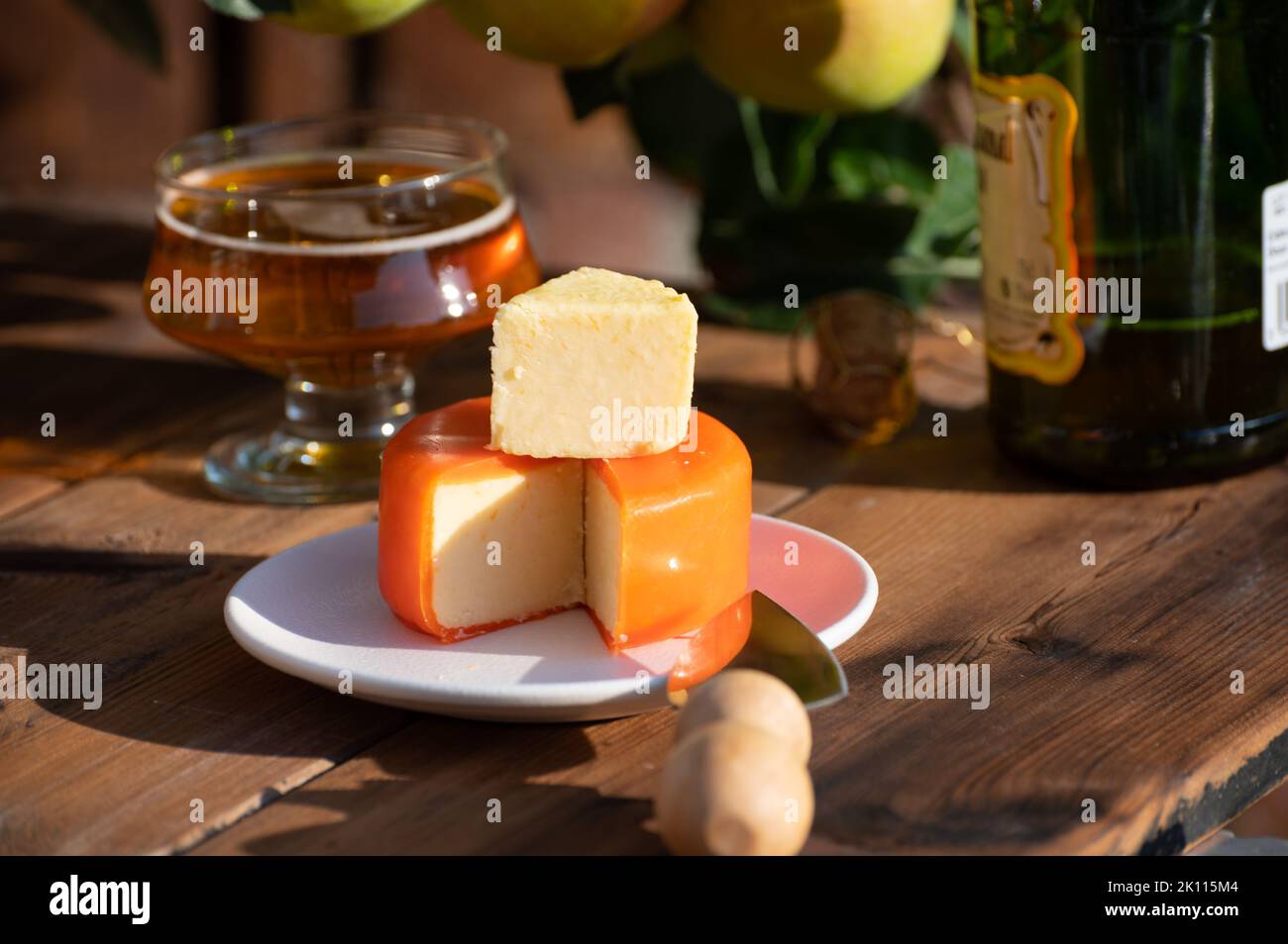 Food and drink pairing, apple cider in glasses produced on organic farm ...