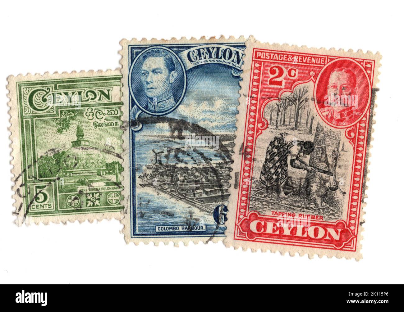 A montage of vintage postage stamps from Ceylon on a white background ...