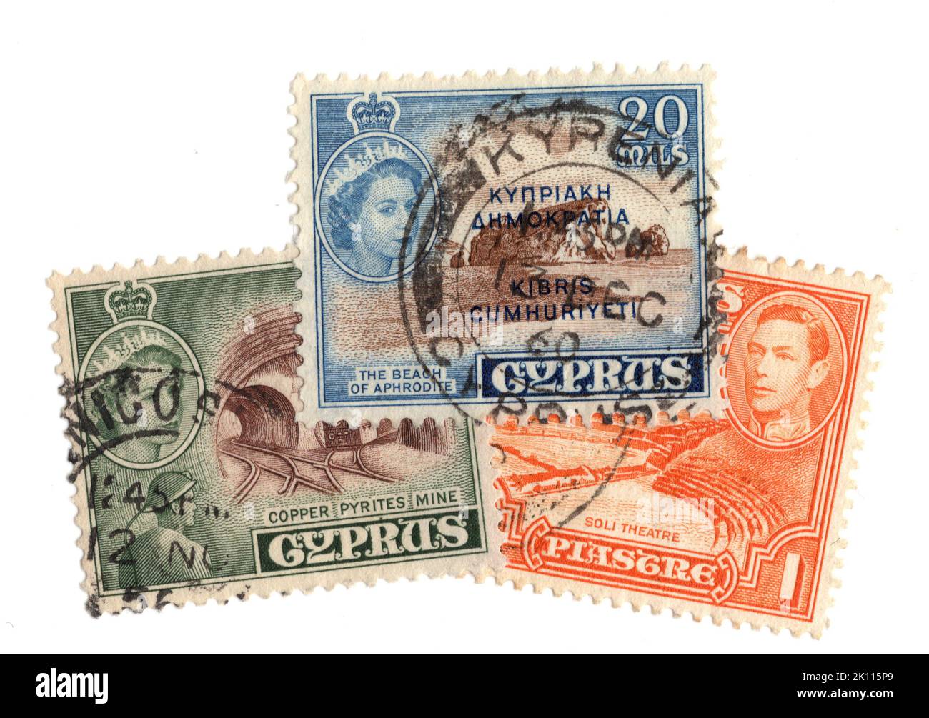 A montage of vintage postage stamps from Cyprus on a white background ...
