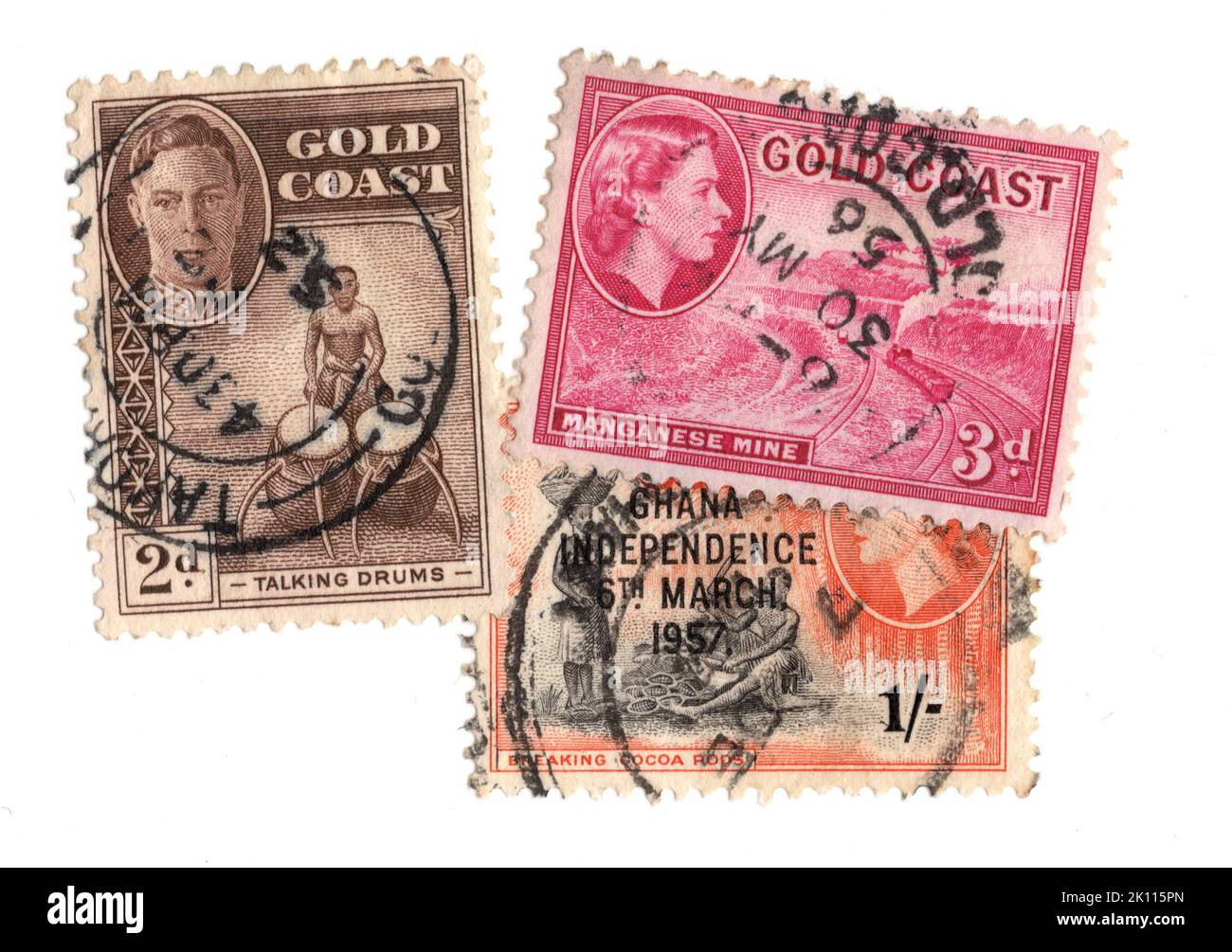 A montage of vintage postage stamps from Gold Coast on a white ...