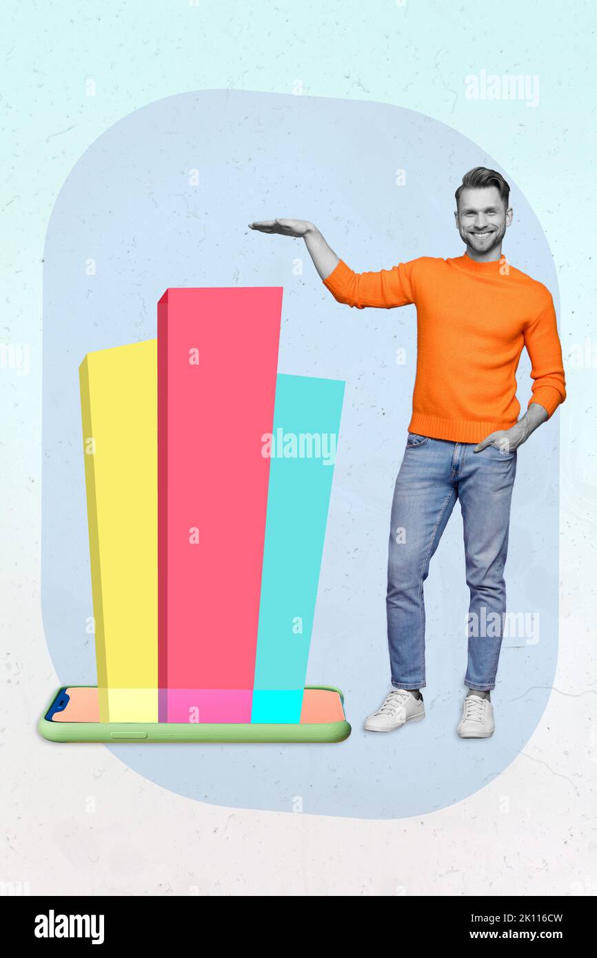 Vertical collage picture of positive guy hand showing measure telephone ...