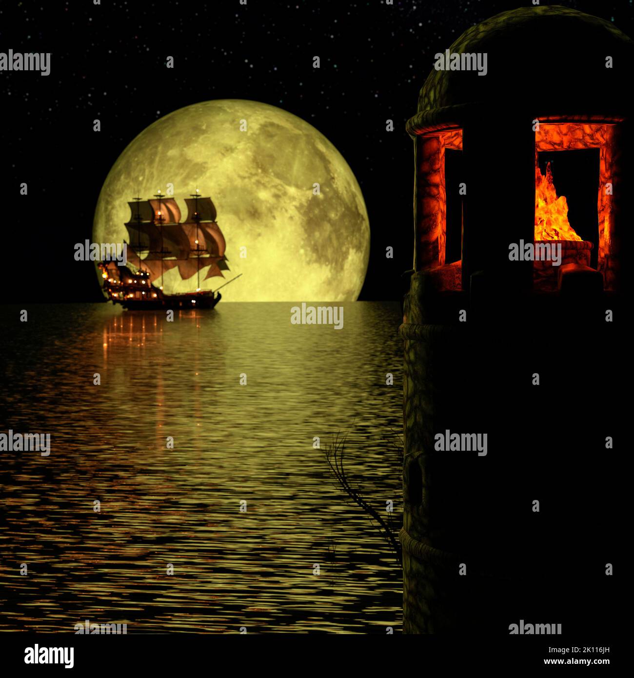 Lonely pirate sail ship in a calm ocean, full yellow moon, stars, and ...